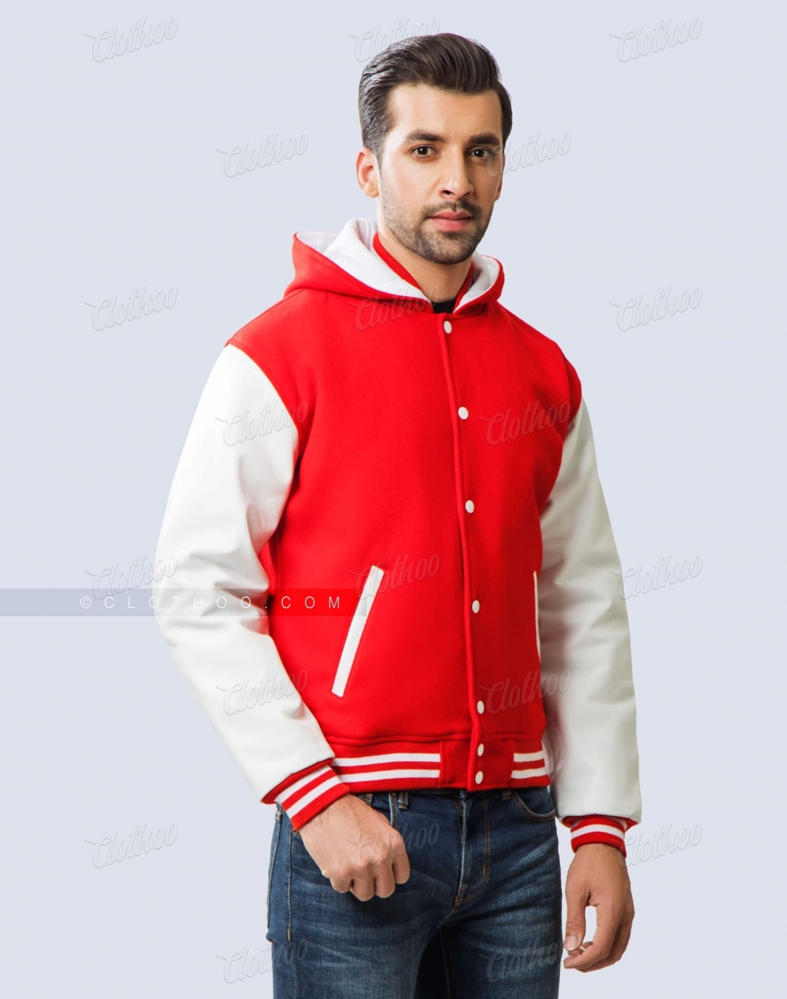 Red Wool & White Leather Varsity Jacket with Hood - Clothoo
