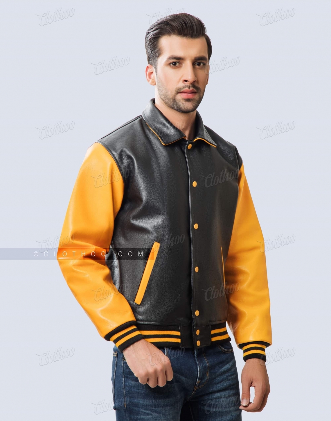 Black & Gold Retro Leather Letterman Jacket with Shirt Collar | Team ...