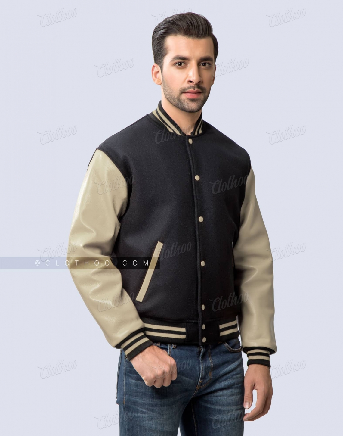Black Wool and Beige Vegan Leather Sleeves Jacket | Fashion Wear | Clothoo