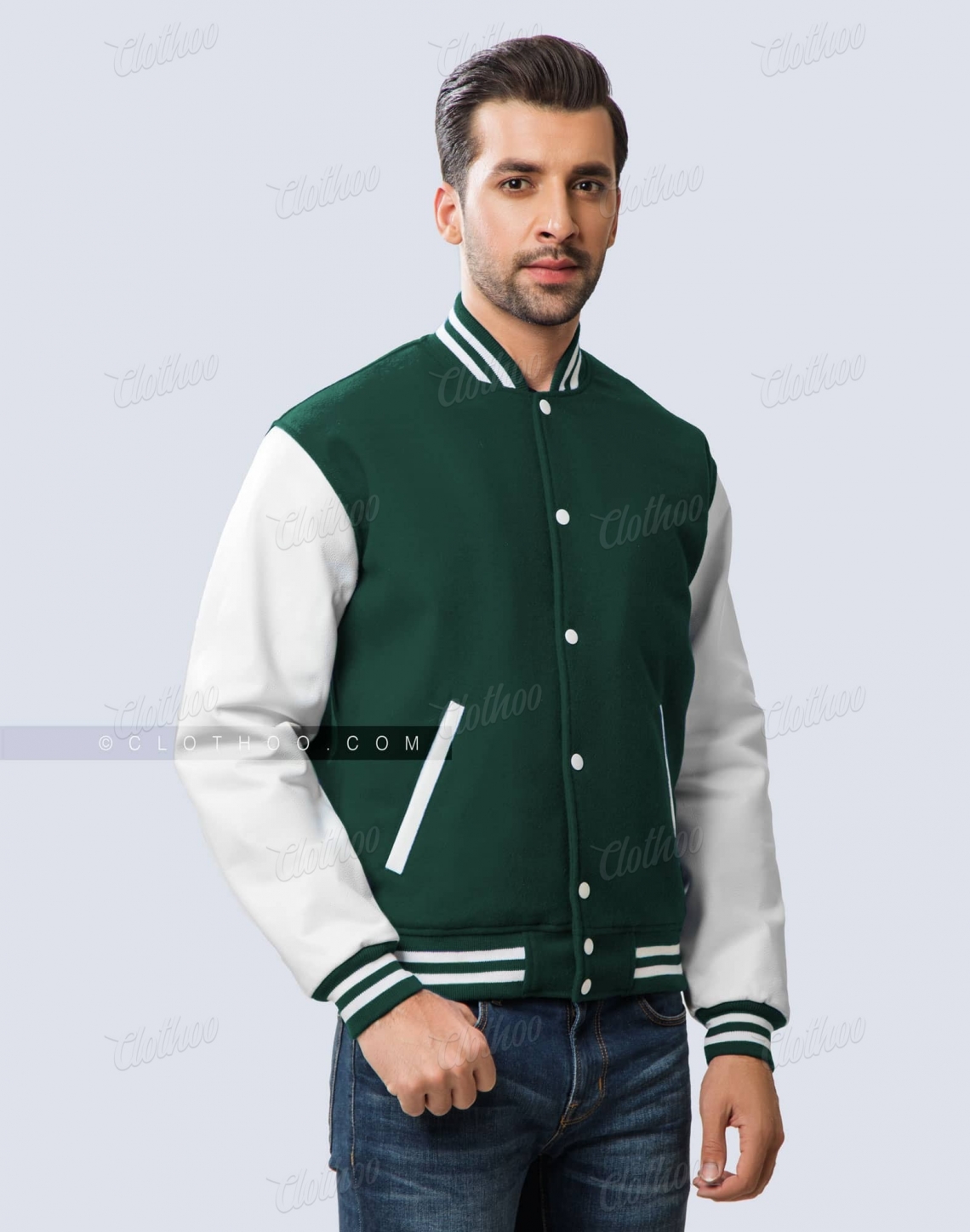 Green Wool & White Leather Sleeves Varsity Jacket | Clothoo
