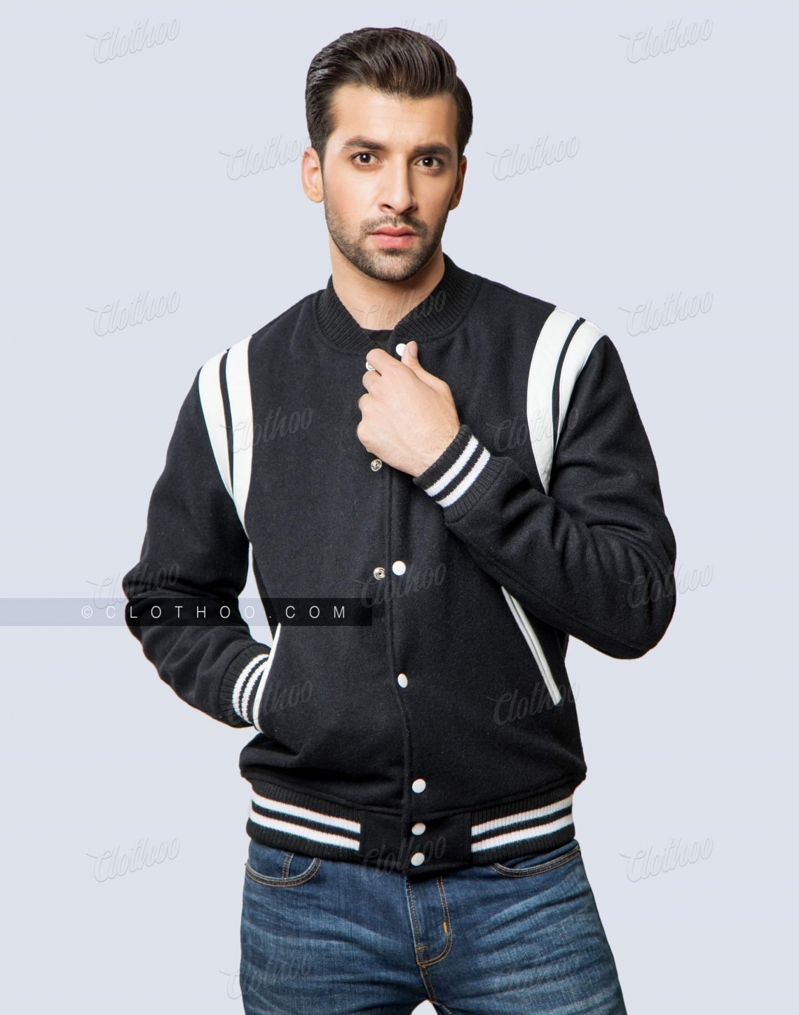 Black Varsity Jacket with White Leather Shoulder Inserts – Stylish ...