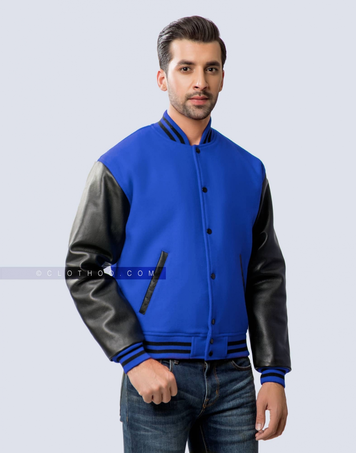 Royal Blue Wool & Black Leather Sleeves Varsity Jacket – Clothoo