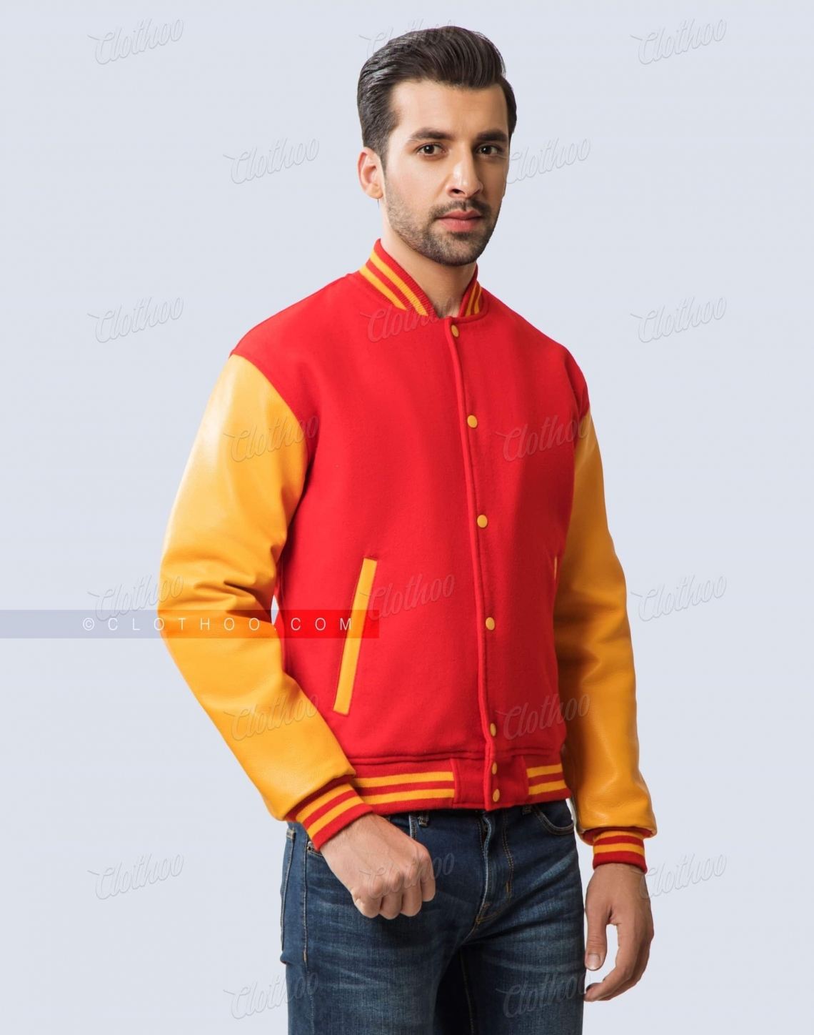 Red Wool & Gold Leather Sleeves Letterman Jacket – Clothoo