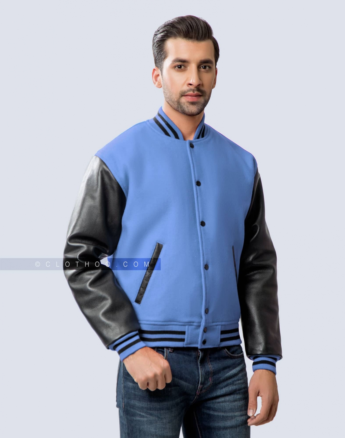 Sky Blue Wool & Black Leather Sleeves Letterman Jacket | Clothoo