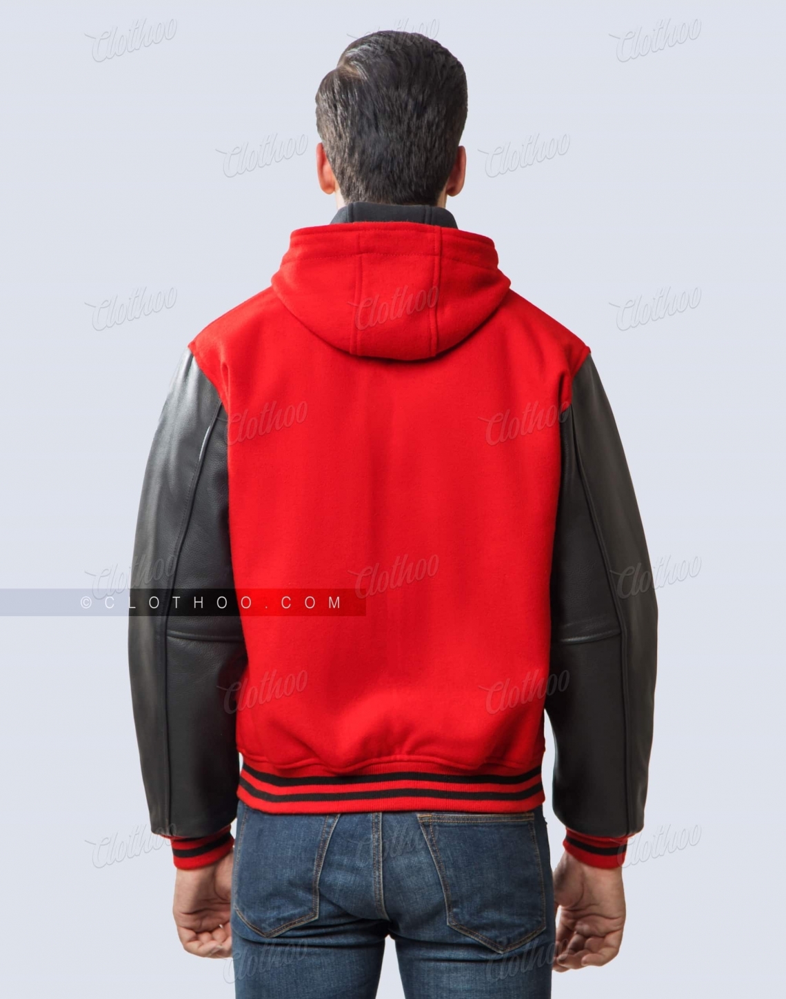 Red Wool & Black Leather Varsity Hoodie - Clothoo