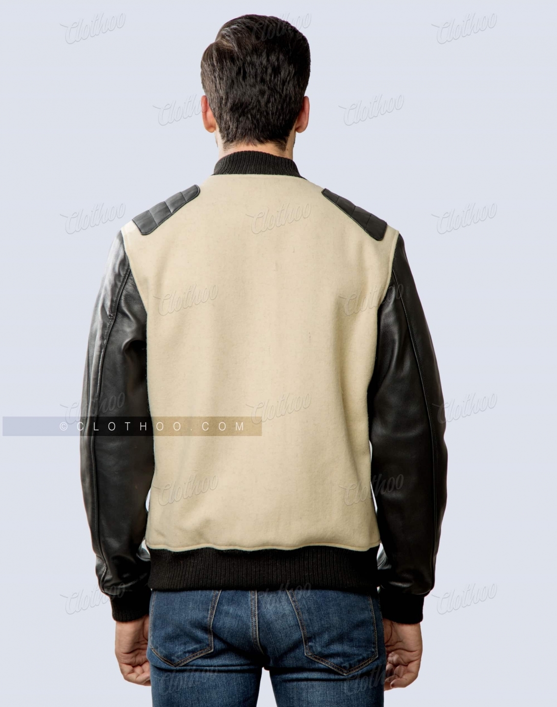 Off White Wool & Black Sheepskin Varsity Jacket with Shoulder Pads ...