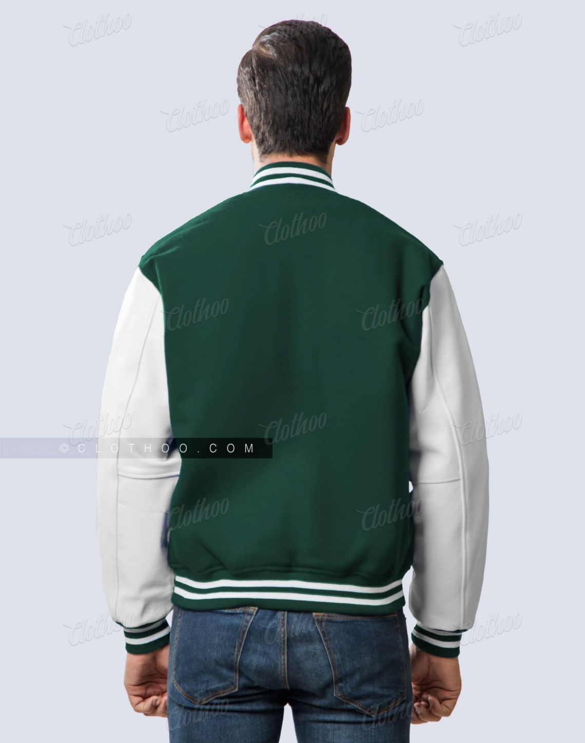 Green Wool & White Leather Sleeves Varsity Jacket | Clothoo