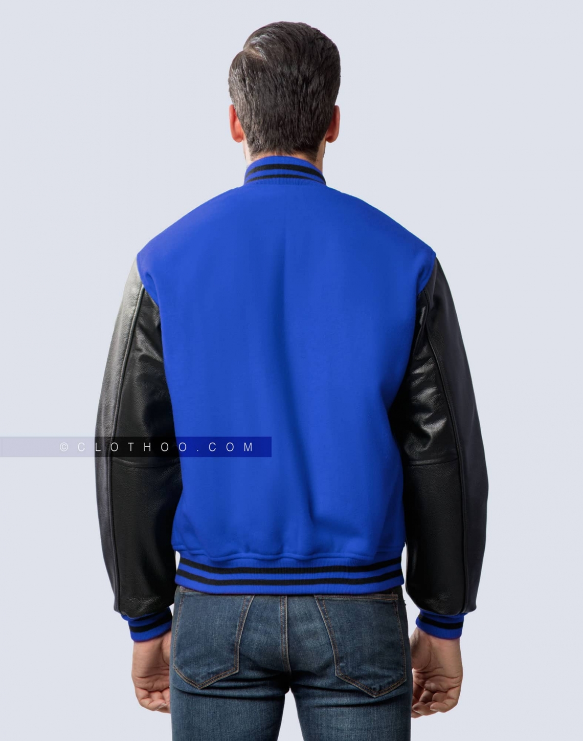 Royal Blue Wool & Black Leather Sleeves Varsity Jacket – Clothoo