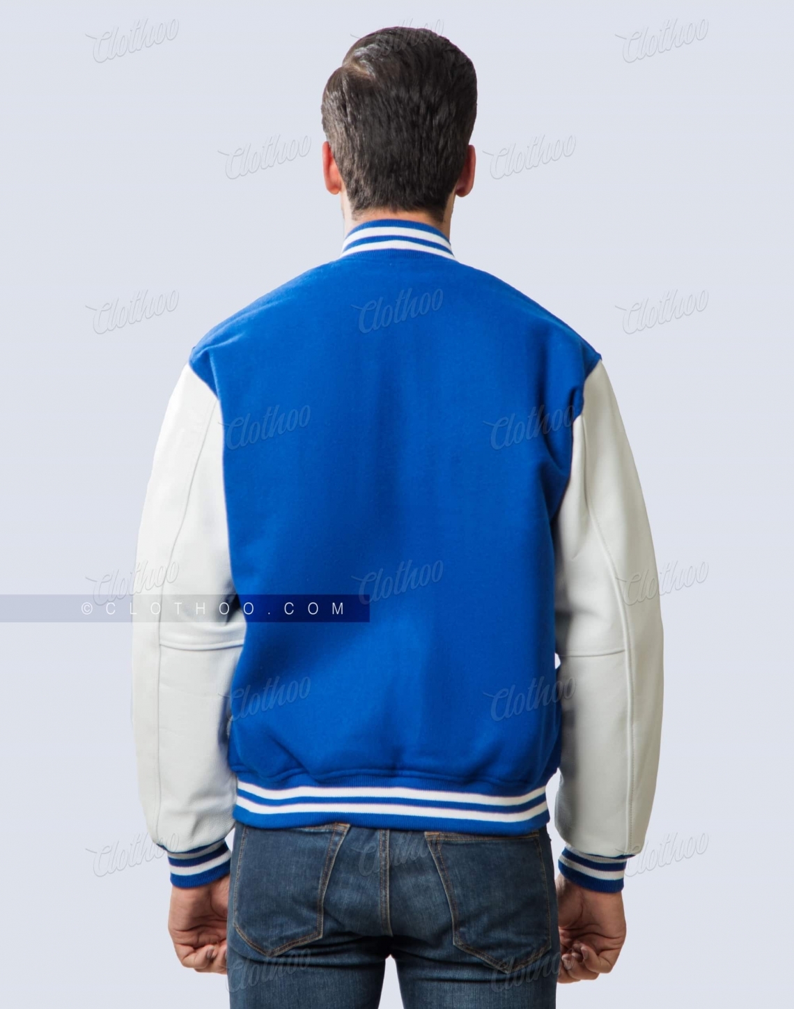 Royal Blue Wool & White Leather Sleeves Letterman Jacket | Clothoo