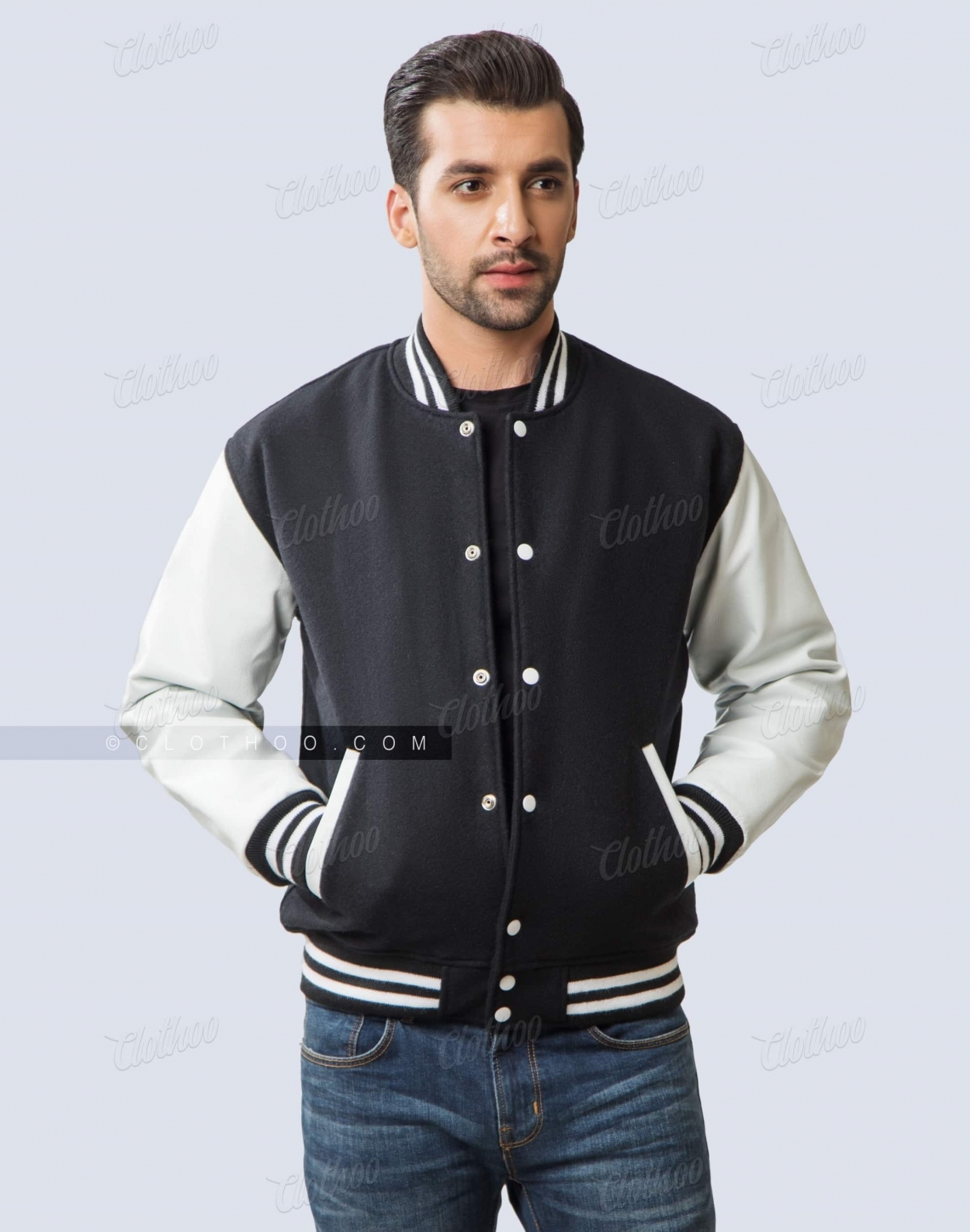 Black Wool & White Leather Sleeves Letterman Jacket | Clothoo