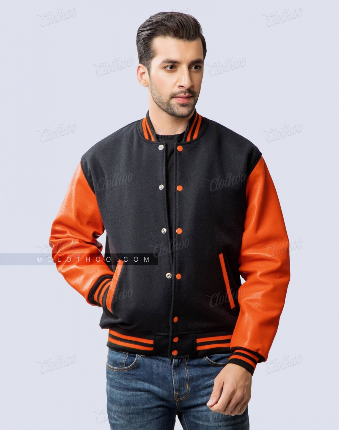 Black Wool & Orange Leather Sleeves Letterman Jacket | Clothoo