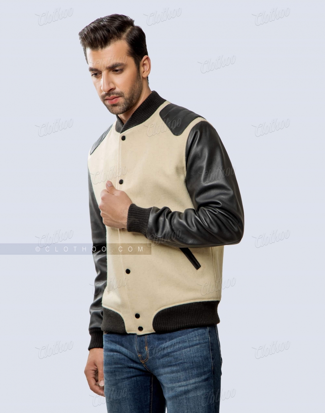 Off White Wool & Black Sheepskin Varsity Jacket with Shoulder Pads ...