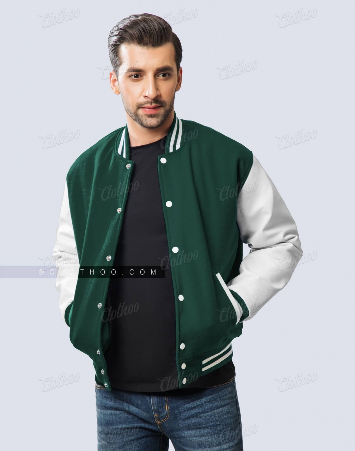 Green Wool & White Leather Sleeves Varsity Jacket | Clothoo