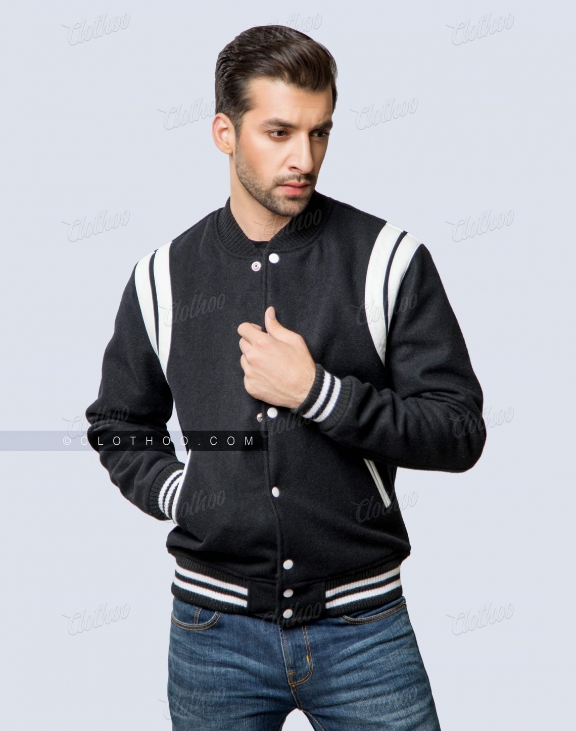 Black Varsity Jacket with White Leather Shoulder Inserts – Stylish ...