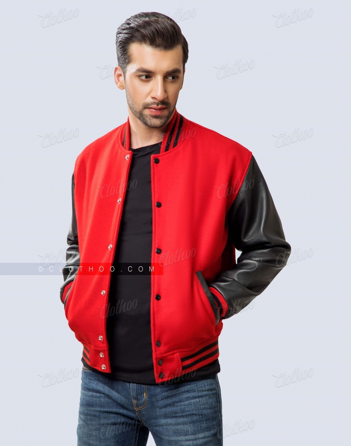 Red Wool & Black Faux Leather Letterman Jacket | Clothoo