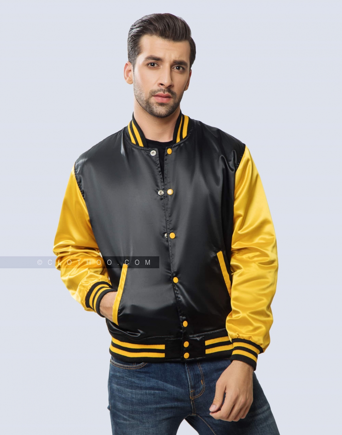 Black & Gold Satin Varsity Jacket – School Spirit Wear - Clothoo