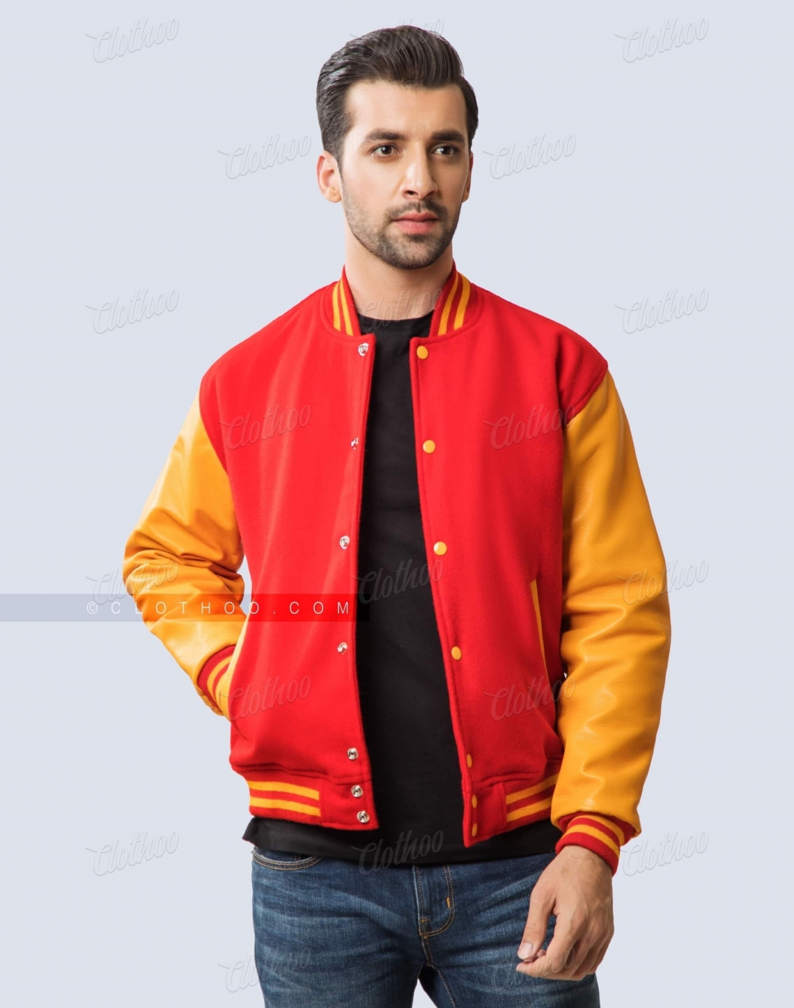 Red Wool & Gold Leather Sleeves Letterman Jacket – Clothoo