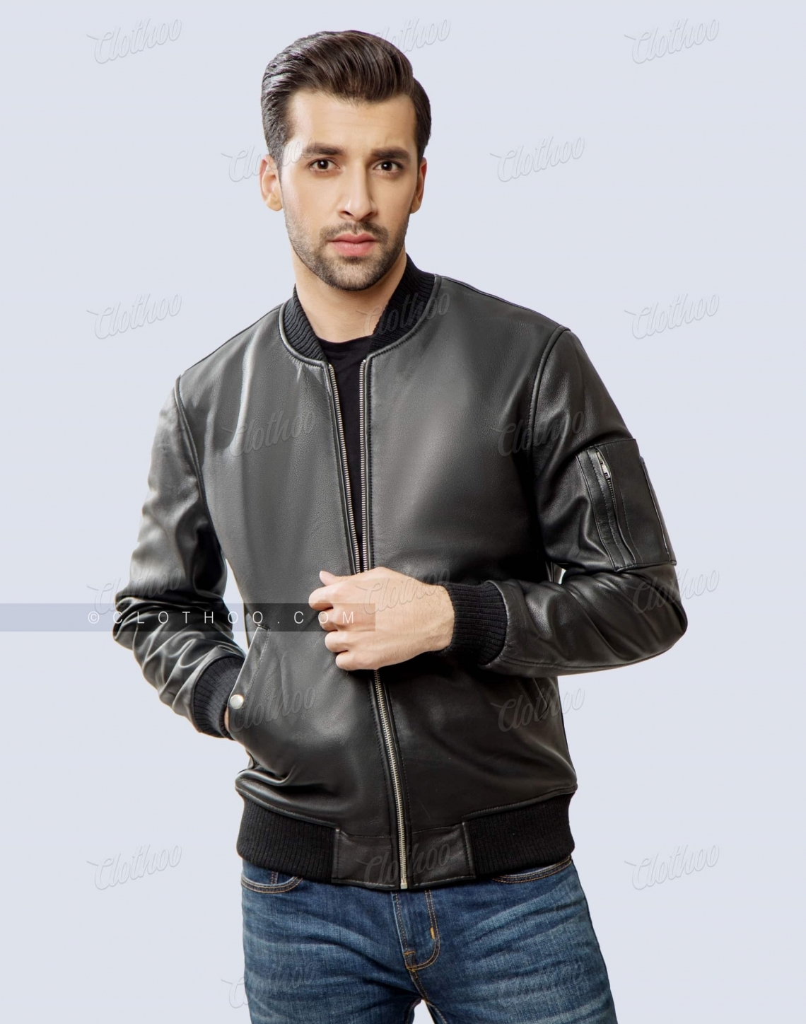 Black Leather Bomber Jacket for Mens | Clothoo