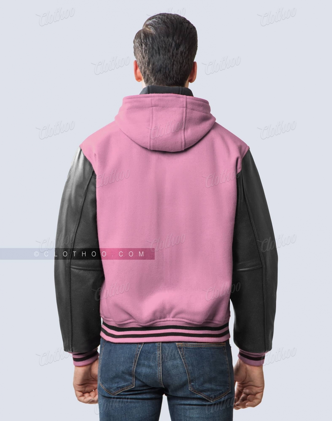 Baby Pink Wool & Black Leather Varsity Hoodie - Clothoo