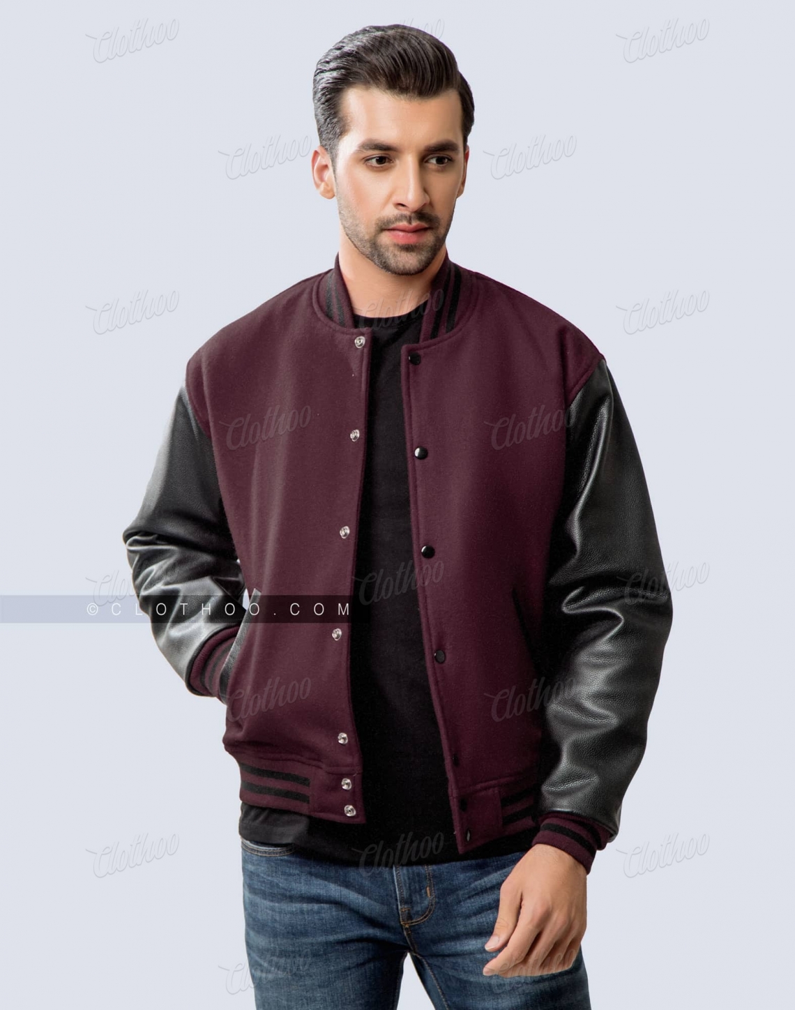 Maroon Wool & Black Leather Sleeves Varsity Jacket – Clothoo