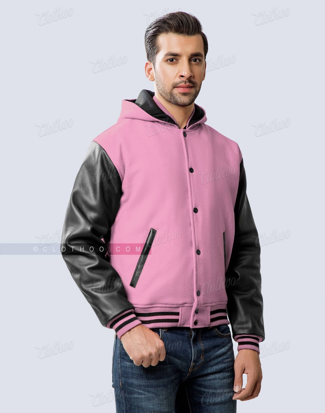Baby Pink Wool & Black Leather Varsity Hoodie - Clothoo