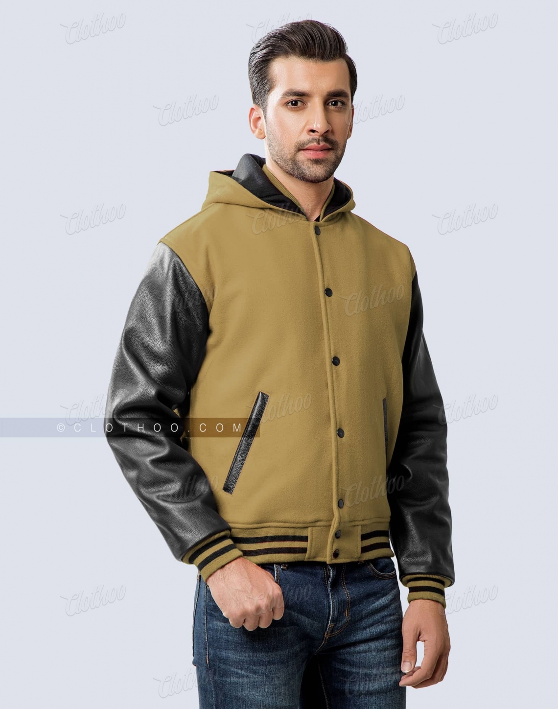 Camel Brown Wool & Black Leather Letterman Jacket with Hood - Clothoo