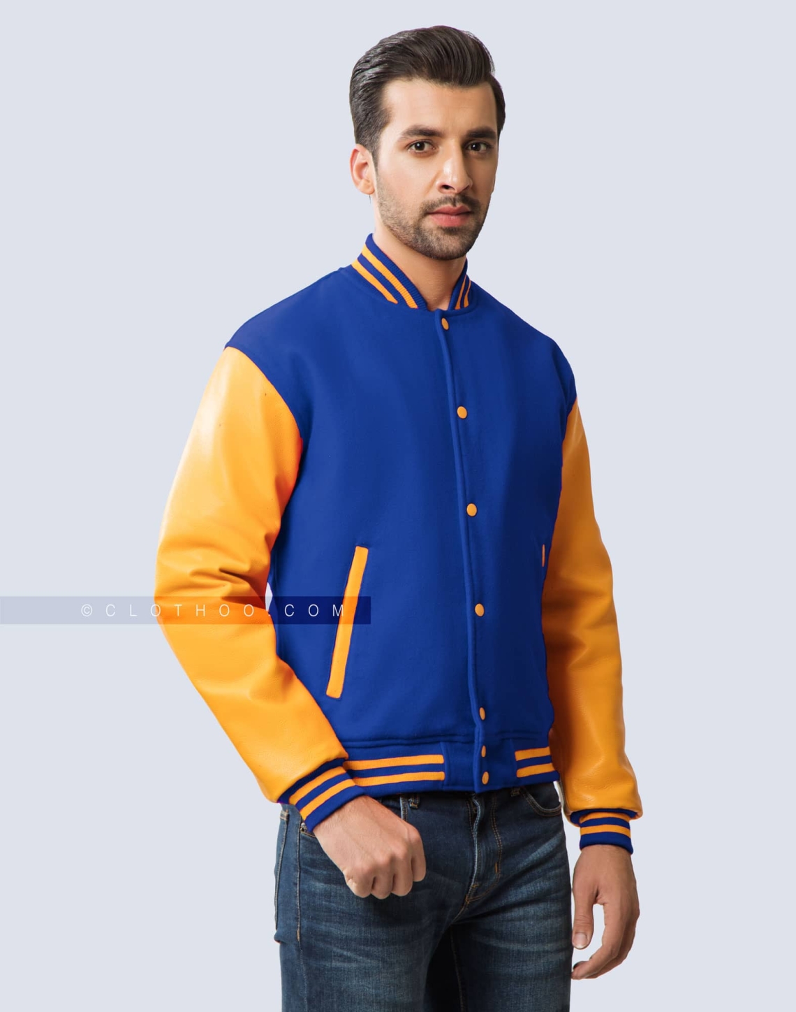 Royal Blue Wool & Gold Leather Sleeves Varsity Jacket – Clothoo