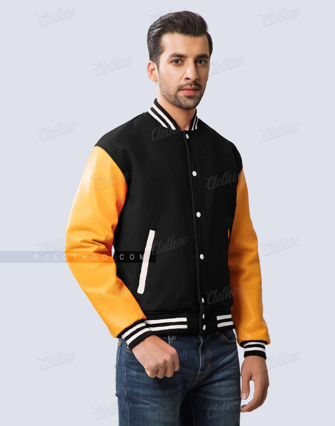 Black Wool Body Athletic Gold Leather Sleeves Letterman Jacket