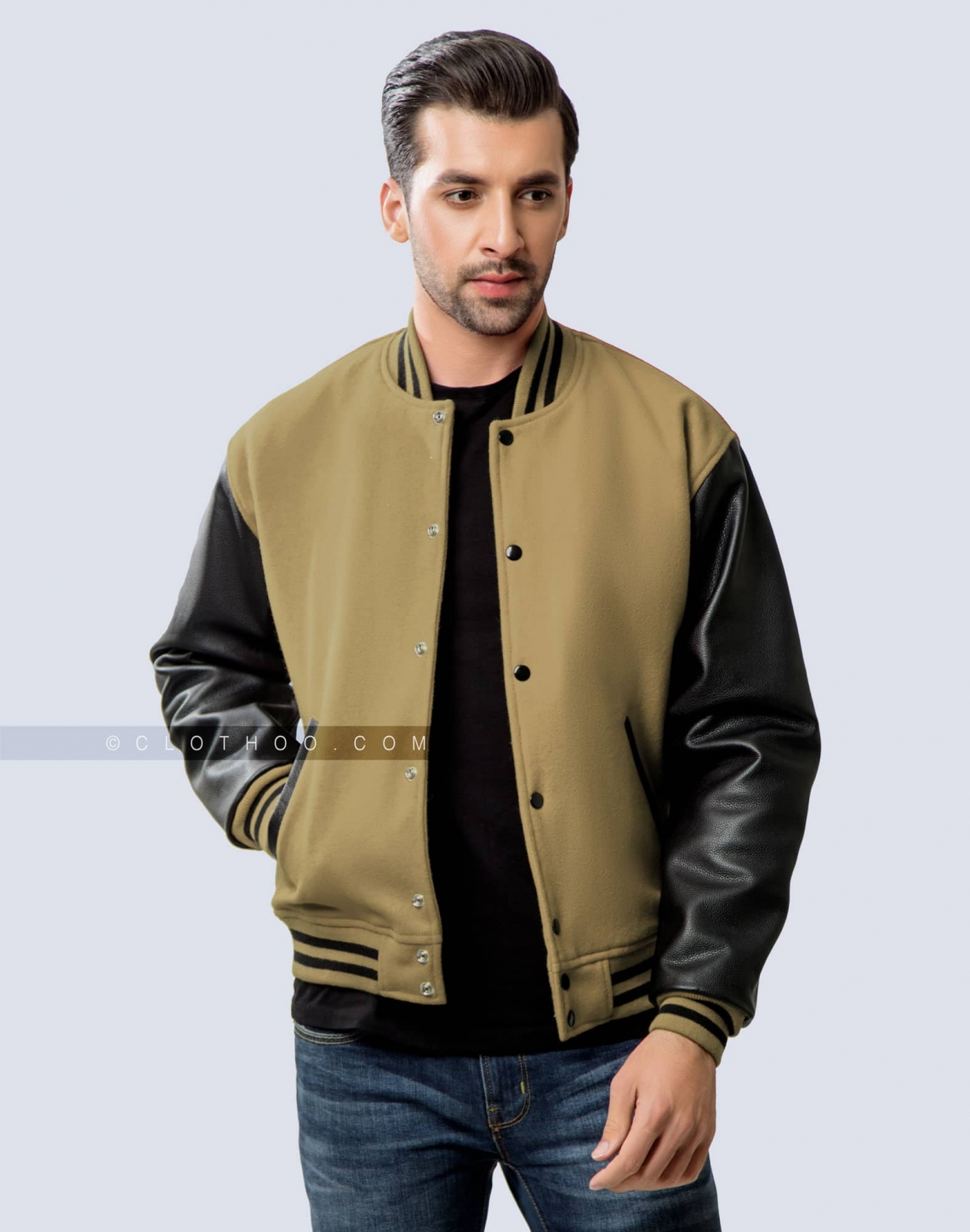 Camel Brown Wool & Black Vegan Leather Varsity Jacket – Eco Style - Clothoo