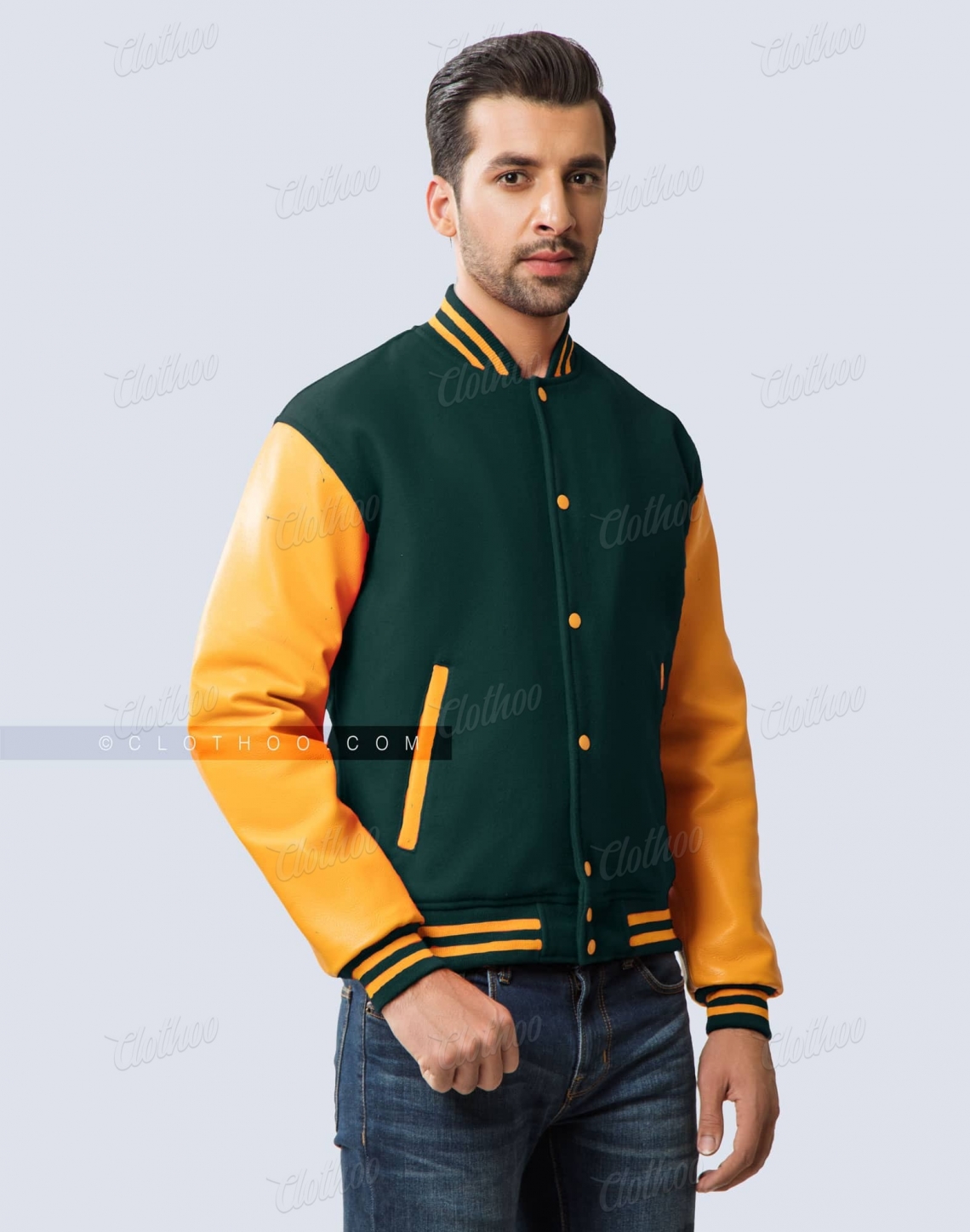 Dark Green Wool & Gold Leather Sleeves Letterman Jacket – Clothoo