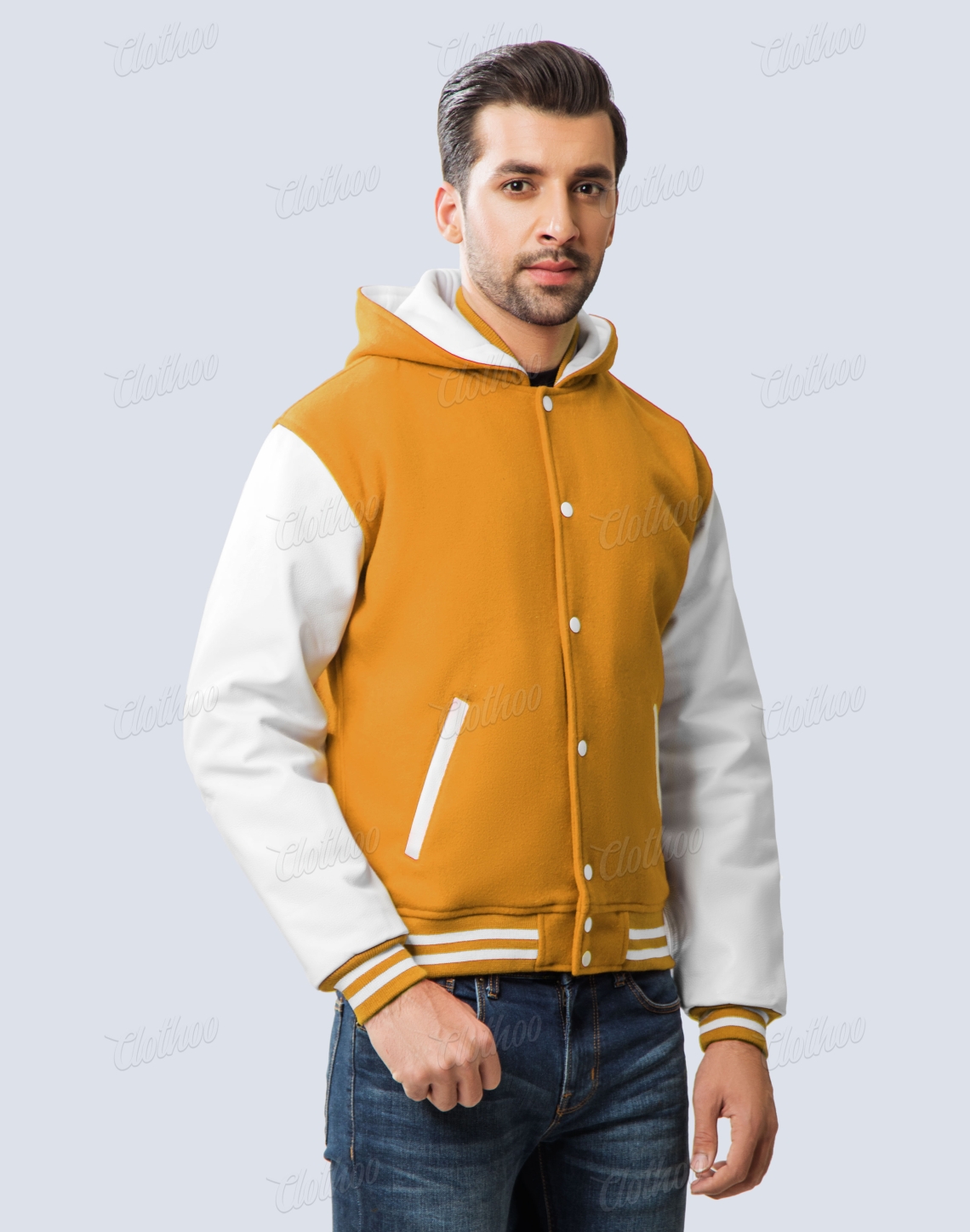 Gold Wool & White Leather Hooded Letterman Jacket - Clothoo