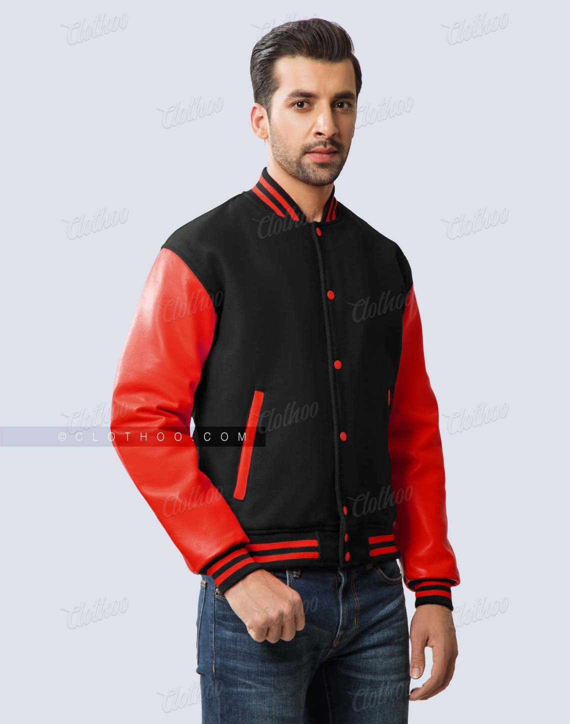 Black Wool Body Red Leather Sleeves Letterman Jacket Knights