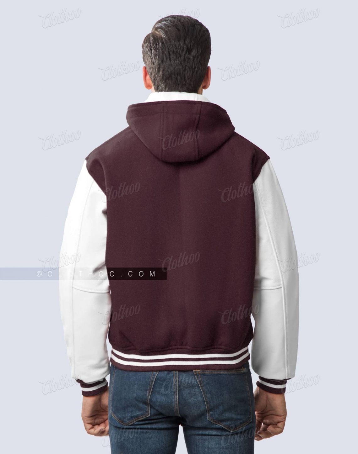 Maroon Wool & White Leather Hooded Letterman Jacket - Clothoo
