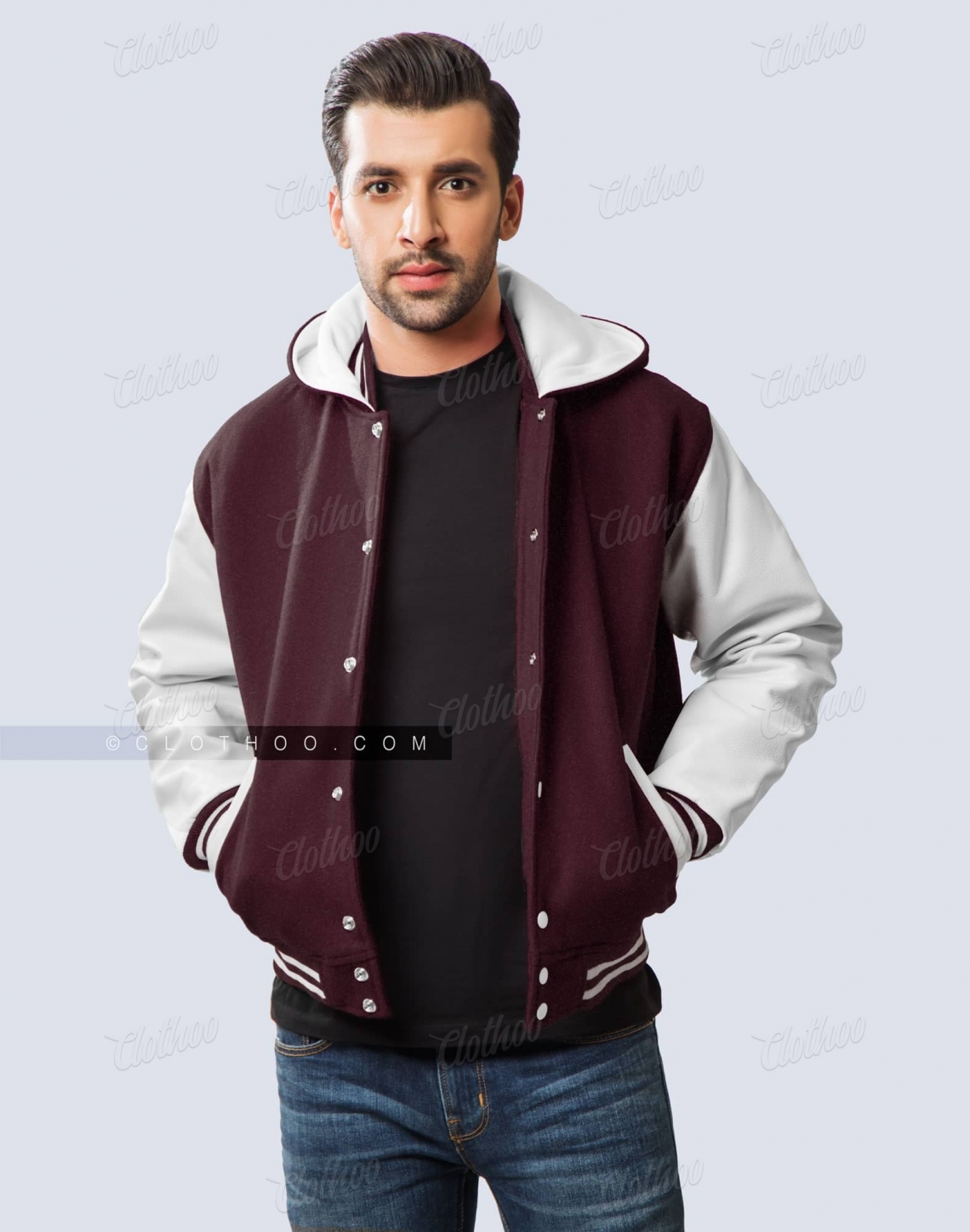 Maroon Wool & White Leather Hooded Letterman Jacket - Clothoo