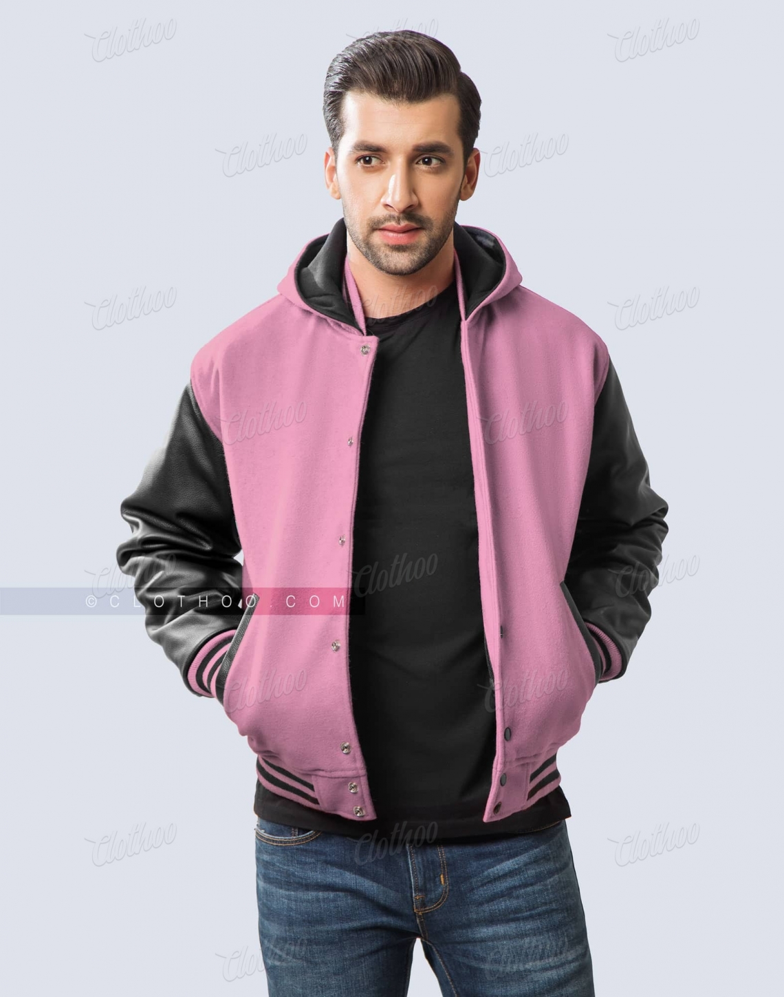 Baby Pink Wool & Black Leather Varsity Hoodie - Clothoo