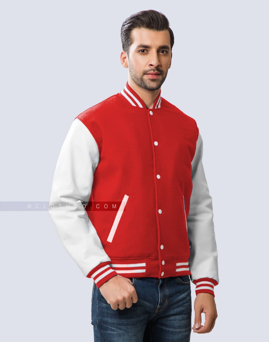 Red Wool & White Leather Sleeves Letterman Jacket | Clothoo
