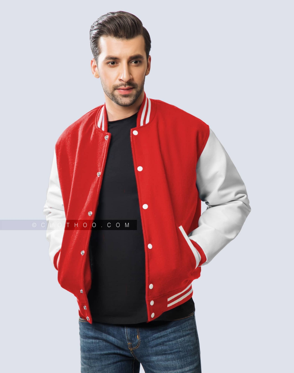 Red Wool & White Leather Sleeves Letterman Jacket | Clothoo