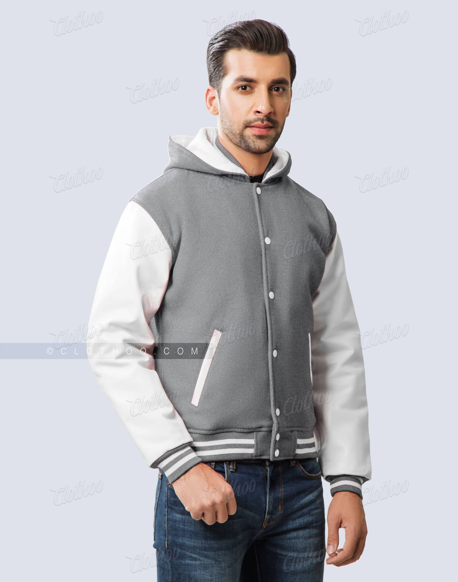 High School Hooded Varsity Jacket Light Grey | Clothoo