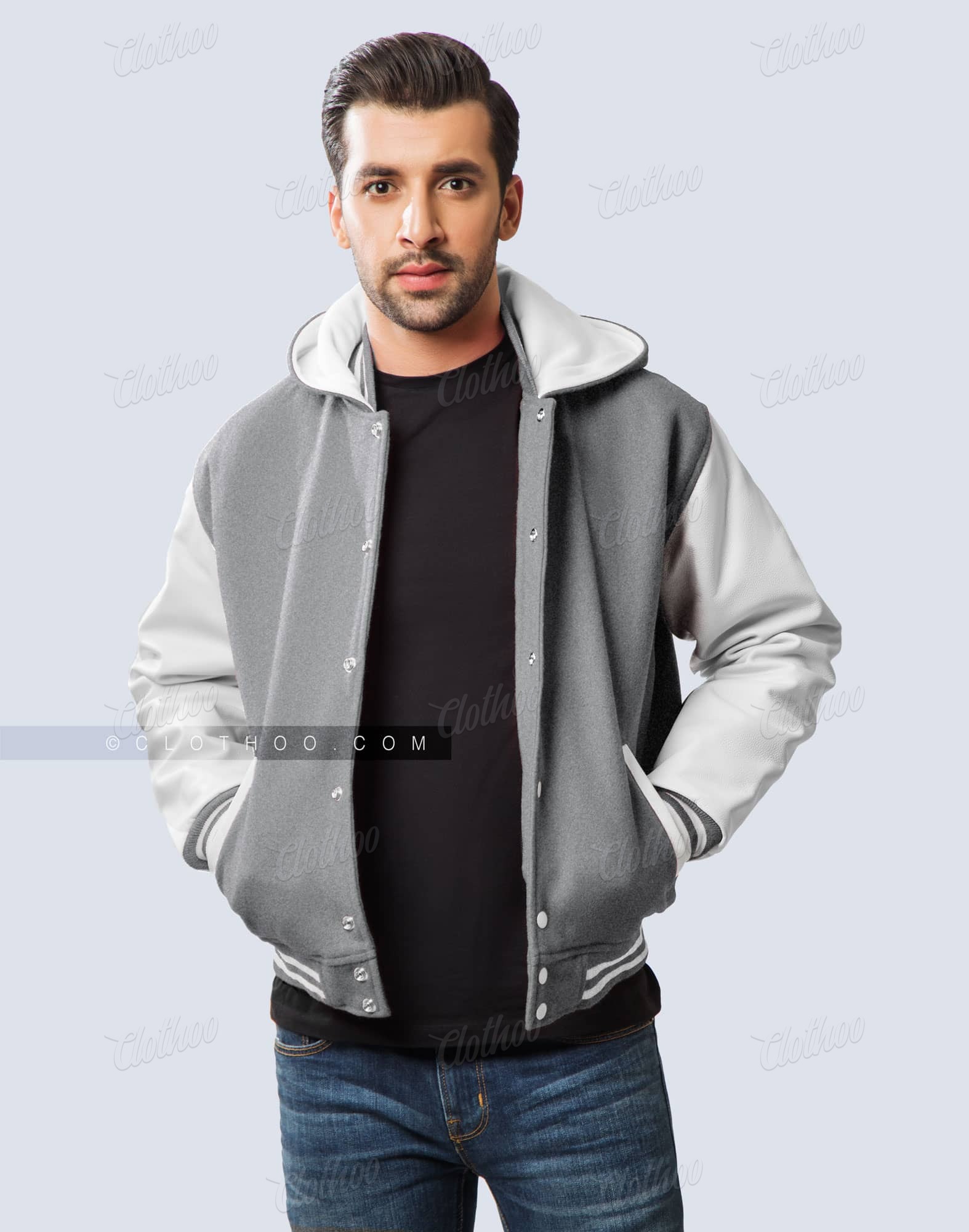 High School Hooded Varsity Jacket Light Grey | Clothoo