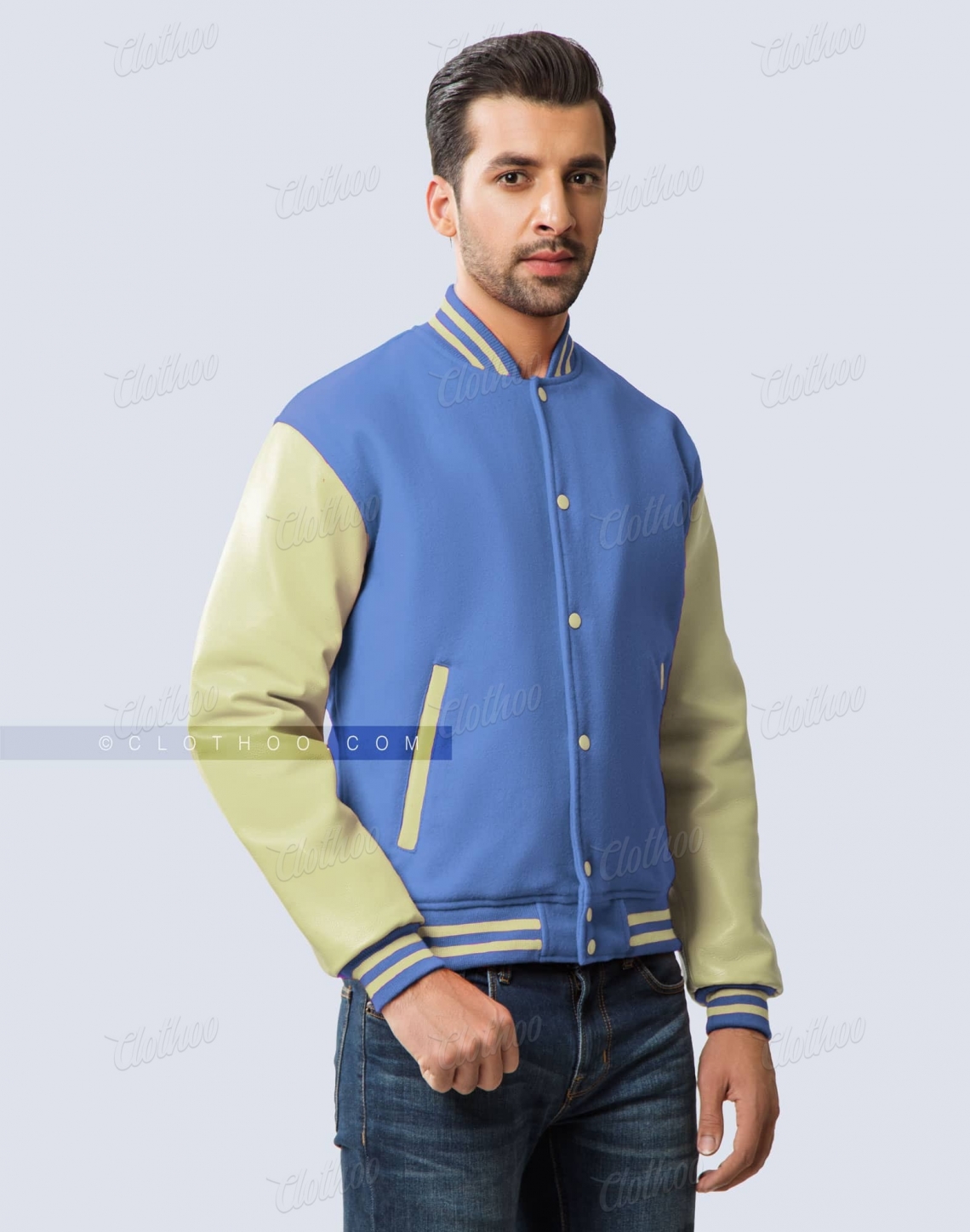 Sky Blue Wool & Cream Leather Sleeves Varsity Jacket – Clothoo