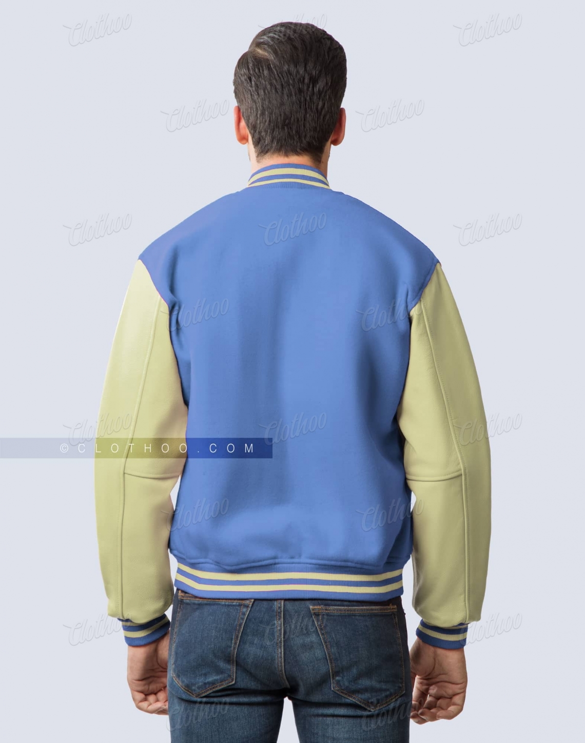 Sky Blue Wool & Cream Leather Sleeves Varsity Jacket – Clothoo