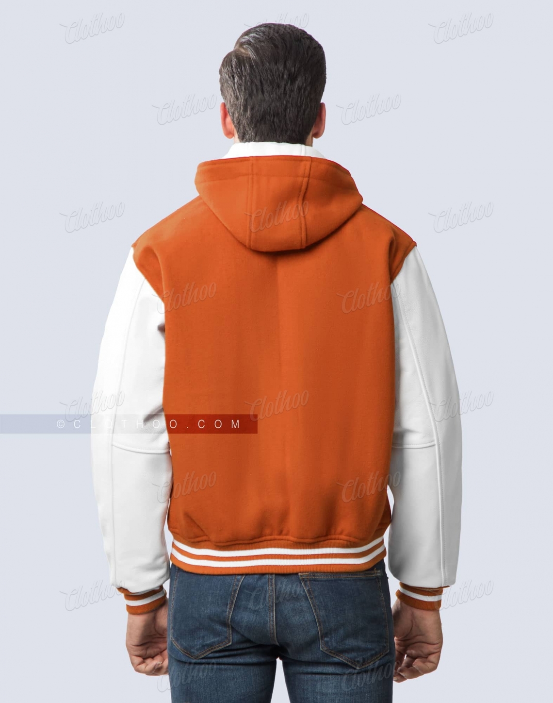 Orange Wool & White Leather Varsity Jacket with Hood - Clothoo