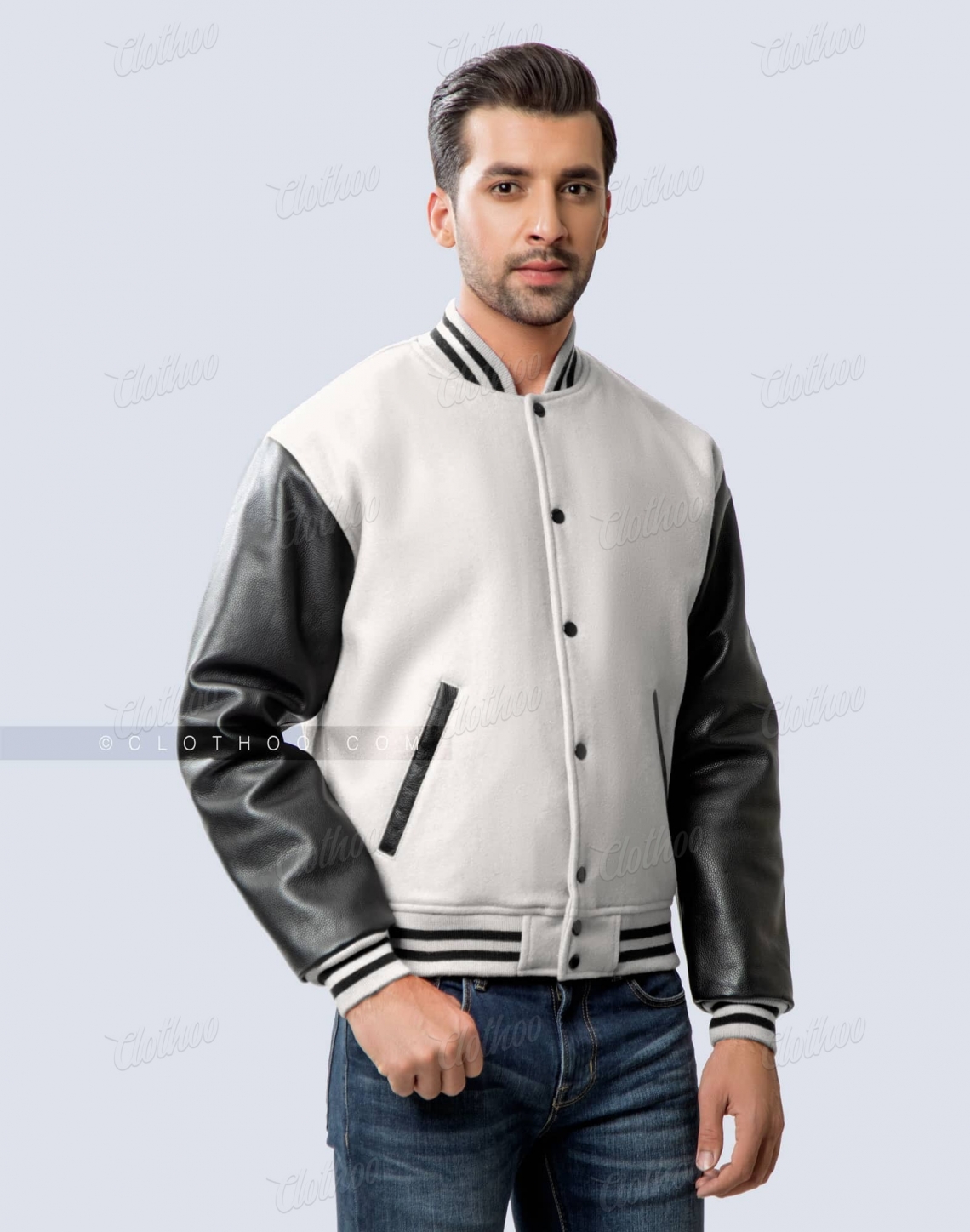 White Wool & Black Leather Sleeves Varsity Jacket – Clothoo