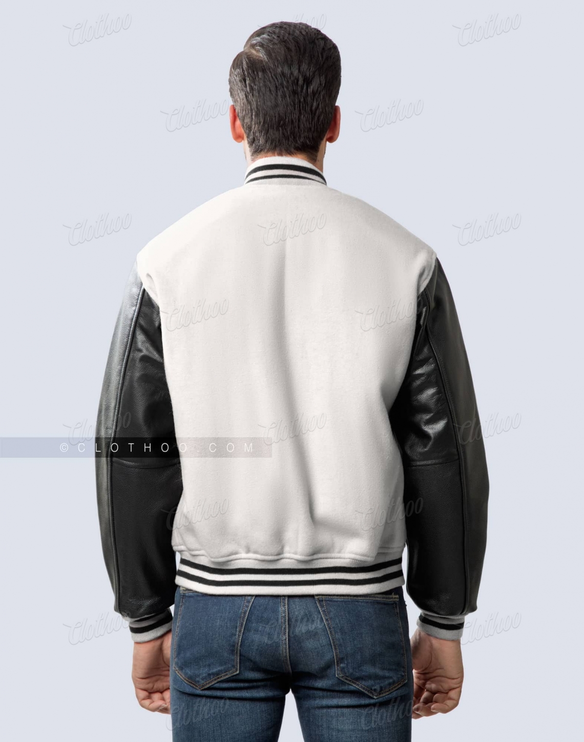 White Wool & Black Leather Sleeves Varsity Jacket – Clothoo