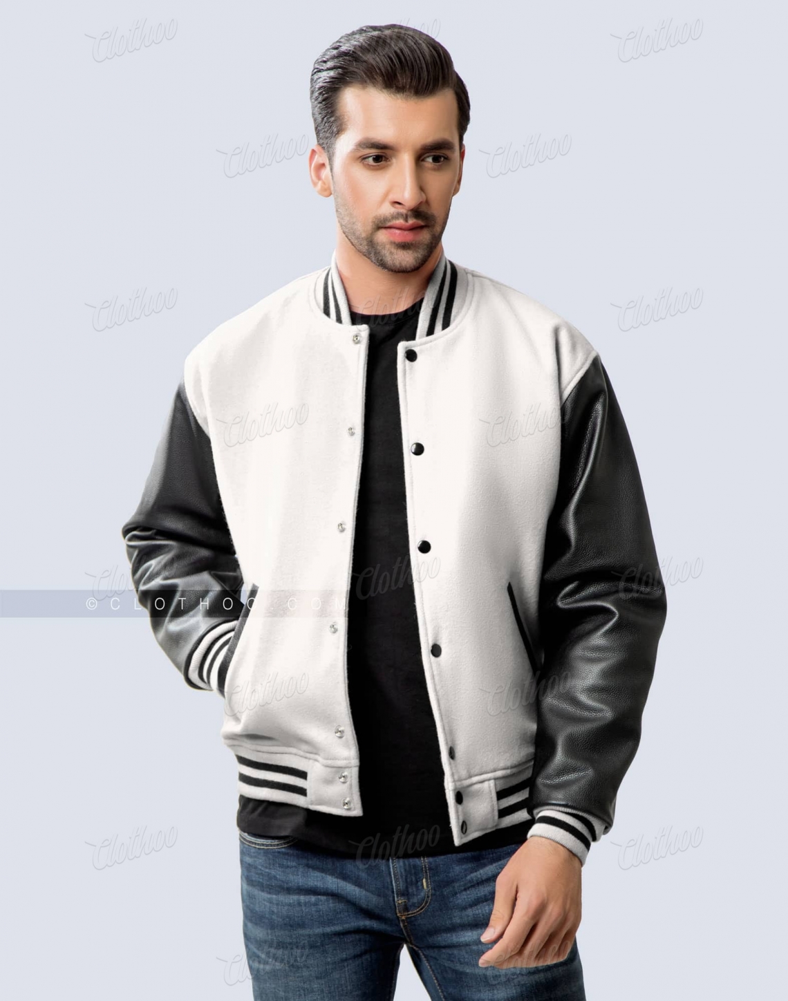 White Wool & Black Leather Sleeves Varsity Jacket – Clothoo