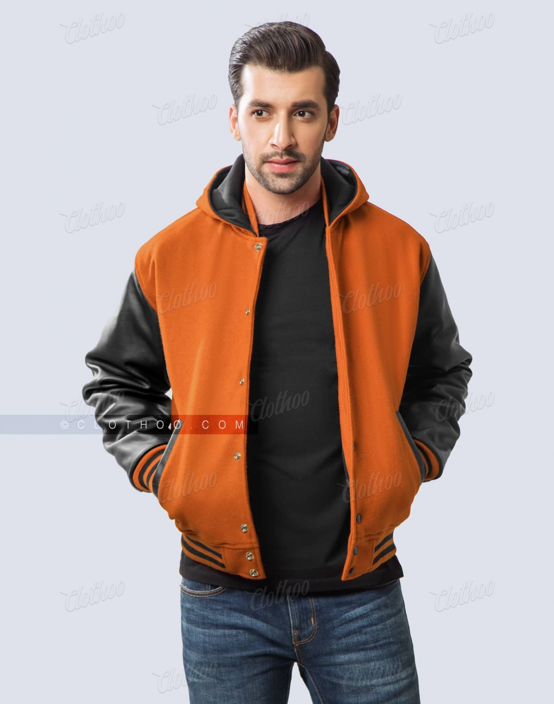 Orange Wool & Black Leather Hooded Varsity Jacket - Clothoo